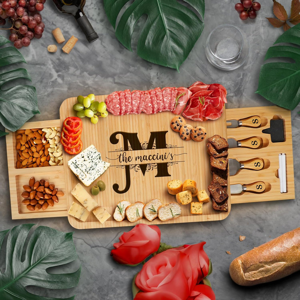 Personalized Bamboo Charcuterie Board Gift Set Custom Engraved Cheese