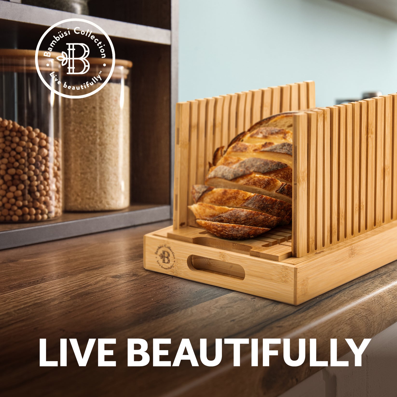 Bamboo Bread Slicer with Crumb Tray and Knife – Bambusi