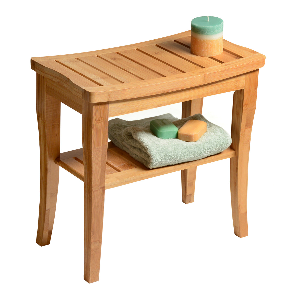 Bamboo Shower Bench - Small Shower Stool with Storage Shelf, Non-Slip ...