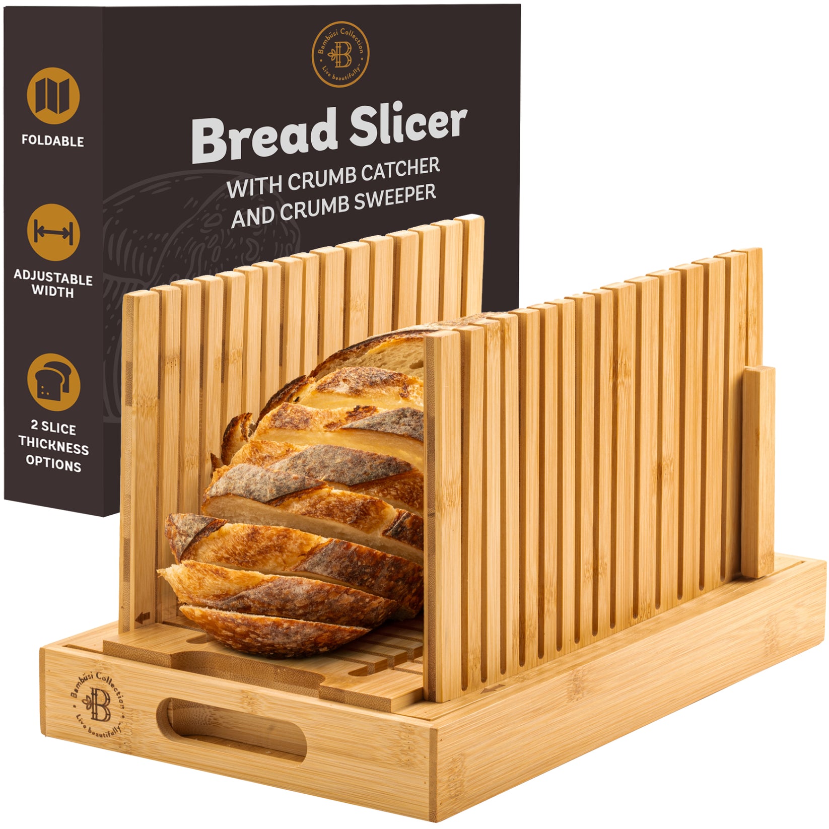 Bamboo Bread Slicer with Crumb Tray and Knife – Bambusi
