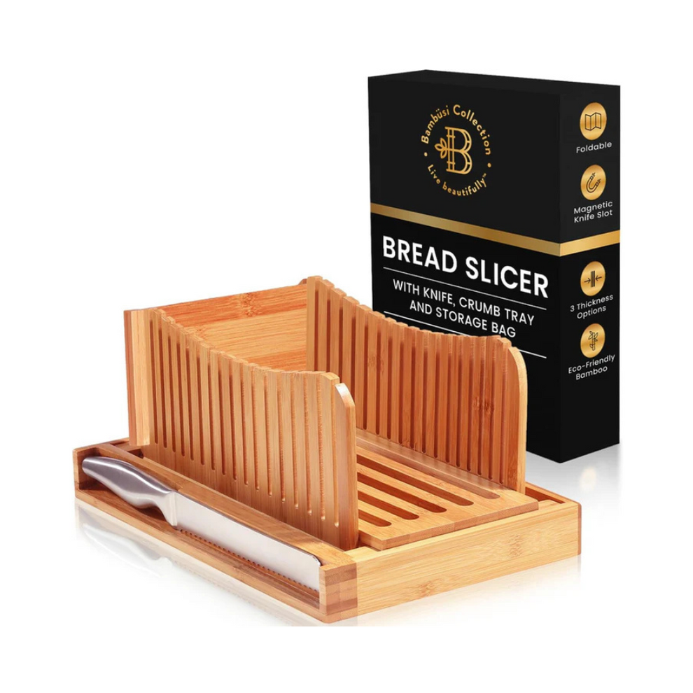 Foldable Bamboo Bread Slicer with Knife & Crumb Tray – Bambusi