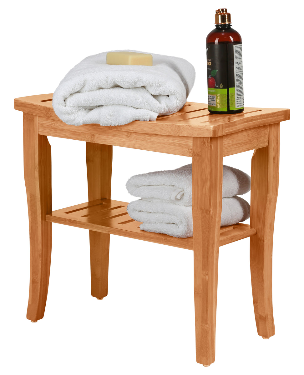 Bamboo Shower Bench - Small Shower Stool with Storage Shelf, Non-Slip ...