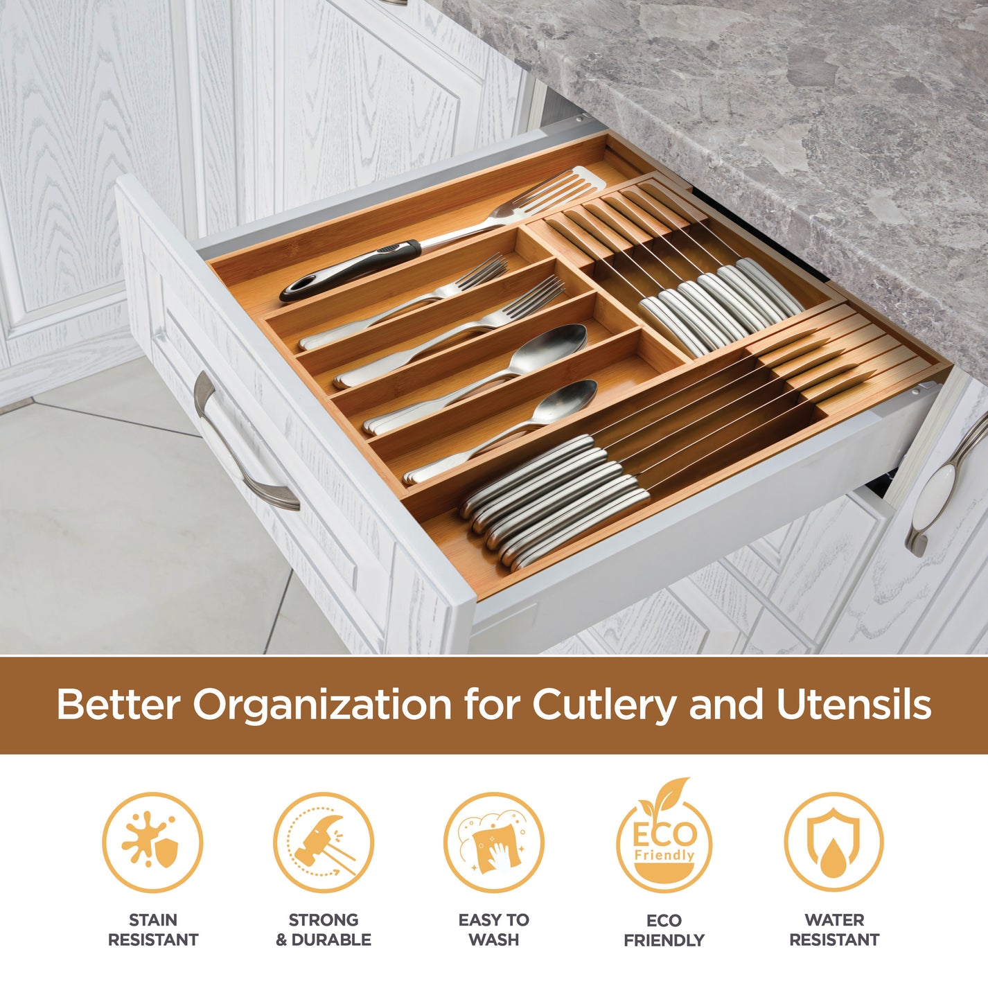 Expandable Bamboo Drawer and Knife Organizer for Silverware and ...